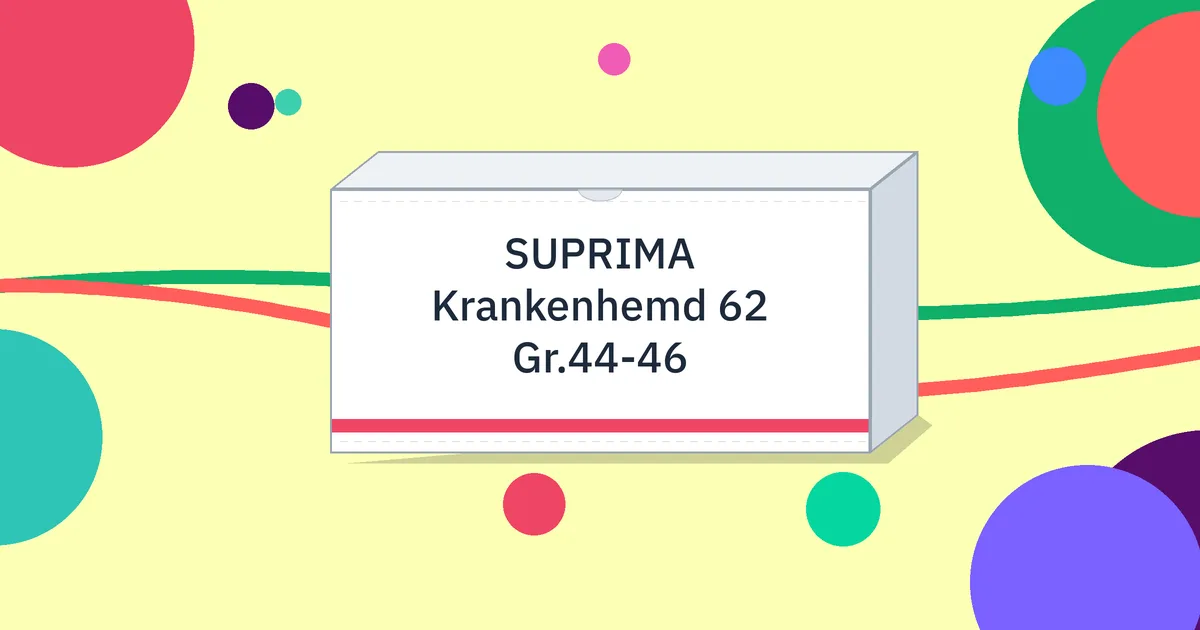 Symbolbild: Packung mit der Aufschrift SUPRIMA Krankenhemd 62 Gr.44-46 (PZN 07671364) – Verfügbarkeit und Bezug in Apotheken in Frankfurt am Main