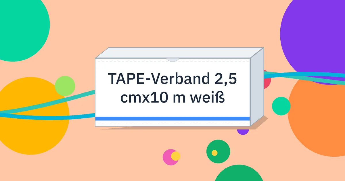 Symbolbild: Packung mit der Aufschrift TAPE-Verband 2,5 cmx10 m weiß (PZN 11859524) – Verfügbarkeit und Bezug in Apotheken in Frankfurt am Main