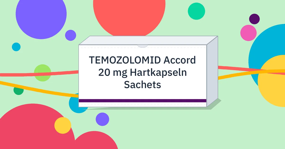 Symbolbild: Packung mit der Aufschrift TEMOZOLOMID Accord 20 mg Hartkapseln Sachets (PZN 11291259) – Verfügbarkeit und Bezug in Apotheken in Frankfurt am Main