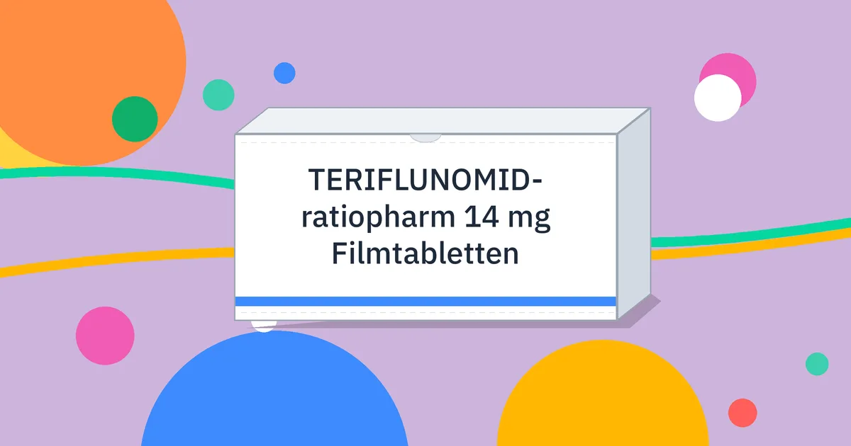 Symbolbild: Packung mit der Aufschrift TERIFLUNOMID-ratiopharm 14 mg Filmtabletten (PZN 18497194) – Verfügbarkeit und Bezug in Apotheken in Frankfurt am Main