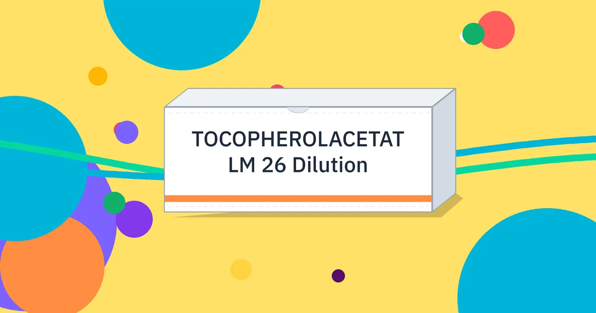 Symbolbild: Packung mit der Aufschrift TOCOPHEROLACETAT LM 26 Dilution (PZN 13224971) – Verfügbarkeit und Bezug in Apotheken in Frankfurt am Main