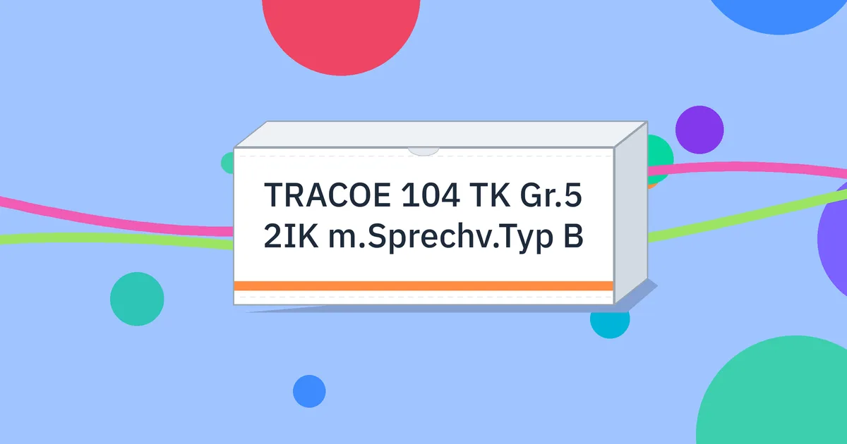 Symbolbild: Packung mit der Aufschrift TRACOE 104 TK Gr.5 2IK m.Sprechv.Typ B (PZN 00911598) – Verfügbarkeit und Bezug in Apotheken in Frankfurt am Main