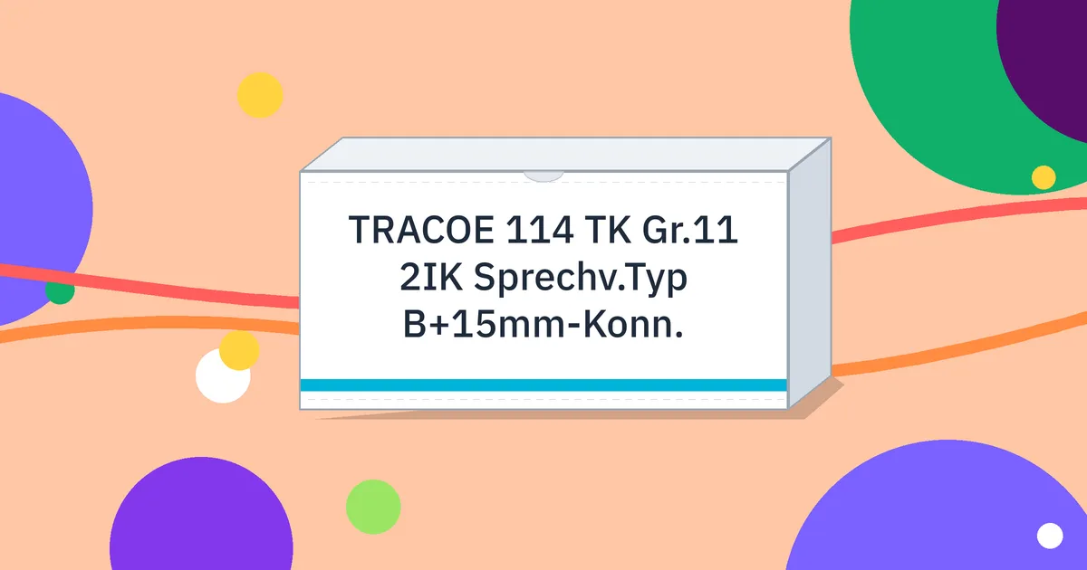 Symbolbild: Packung mit der Aufschrift TRACOE 114 TK Gr.11 2IK Sprechv.Typ B+15mm-Konn. (PZN 10544729) – Verfügbarkeit und Bezug in Apotheken in Frankfurt am Main