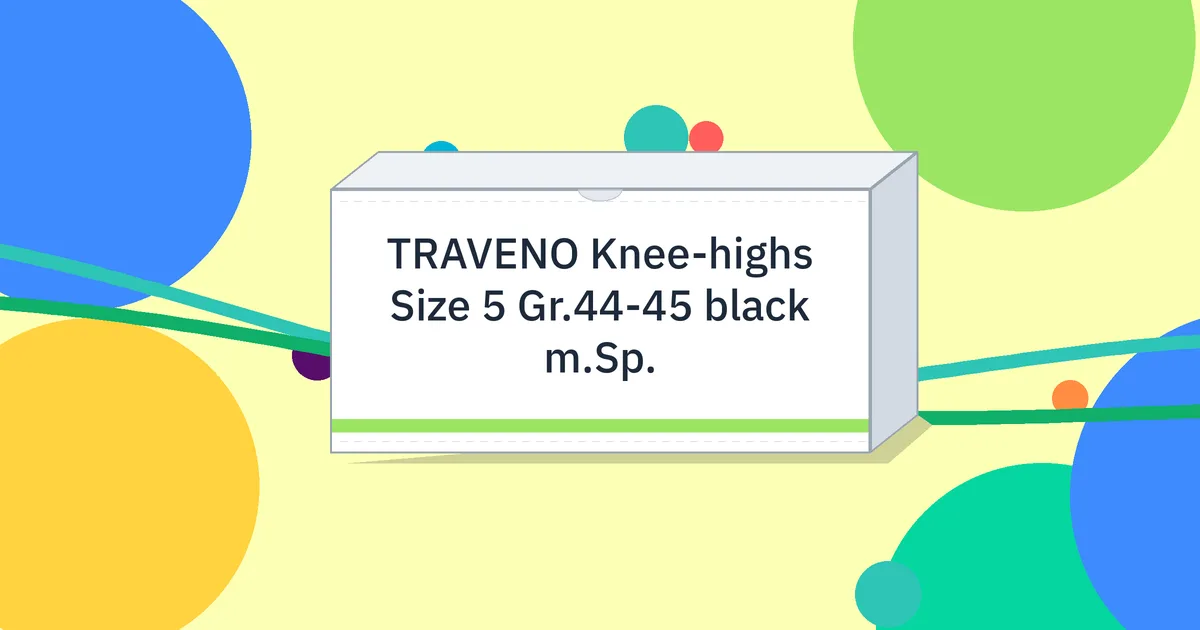 Symbolbild: Packung mit der Aufschrift TRAVENO Knee-highs Size 5 Gr.44-45 black m.Sp. (PZN 17603079) – Verfügbarkeit und Bezug in Apotheken in Frankfurt am Main