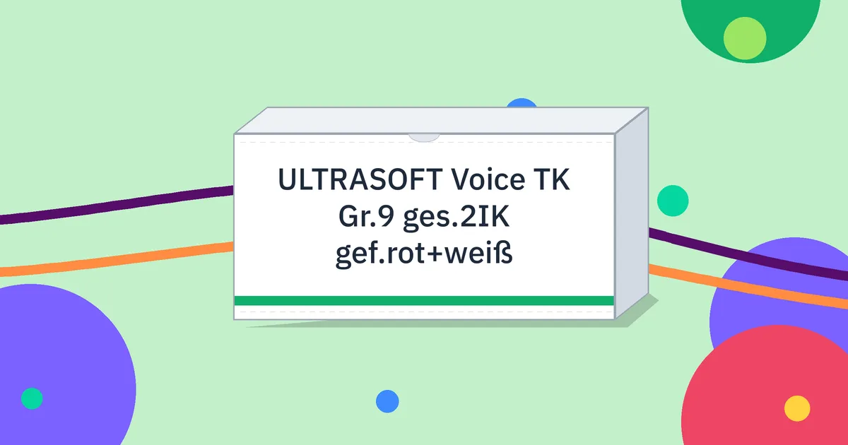 Symbolbild: Packung mit der Aufschrift ULTRASOFT Voice TK Gr.9 ges.2IK gef.rot+weiß (PZN 10731443) – Verfügbarkeit und Bezug in Apotheken in Frankfurt am Main
