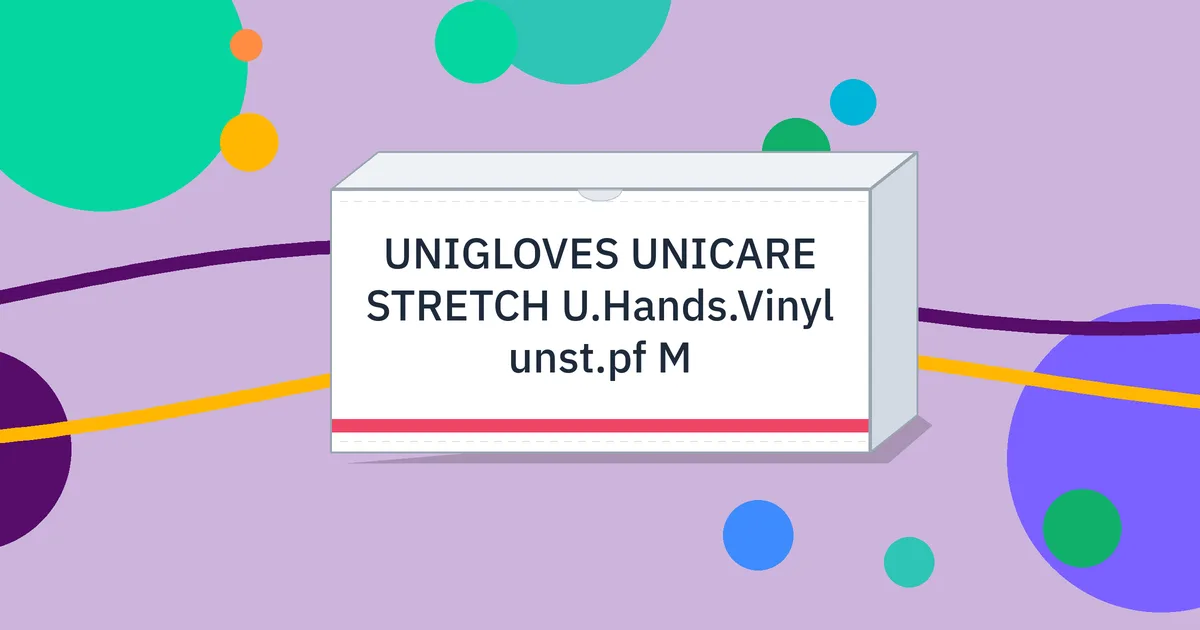 Symbolbild: Packung mit der Aufschrift UNIGLOVES UNICARE STRETCH U.Hands.Vinyl unst.pf M (PZN 20120083) – Verfügbarkeit und Bezug in Apotheken in Frankfurt am Main