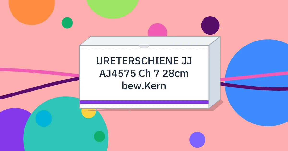 Symbolbild: Packung mit der Aufschrift URETERSCHIENE JJ AJ4575 Ch 7 28cm bew.Kern (PZN 01357365) – Verfügbarkeit und Bezug in Apotheken in Frankfurt am Main