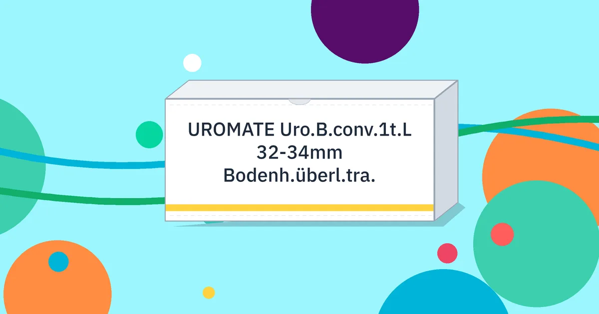 Symbolbild: Packung mit der Aufschrift UROMATE Uro.B.conv.1t.L 32-34mm Bodenh.überl.tra. (PZN 09713517) – Verfügbarkeit und Bezug in Apotheken in Frankfurt am Main