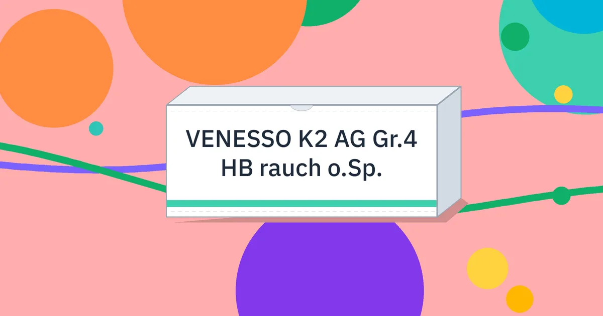 Symbolbild: Packung mit der Aufschrift VENESSO K2 AG Gr.4 HB rauch o.Sp. (PZN 03264774) – Verfügbarkeit und Bezug in Apotheken in Frankfurt am Main