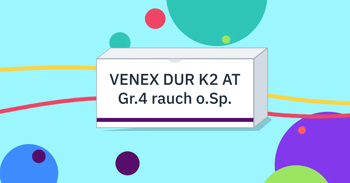 Symbolbild: Packung mit der Aufschrift VENEX DUR K2 AT Gr.4 rauch o.Sp. (PZN 03222787) – Verfügbarkeit und Bezug in Apotheken in Frankfurt am Main