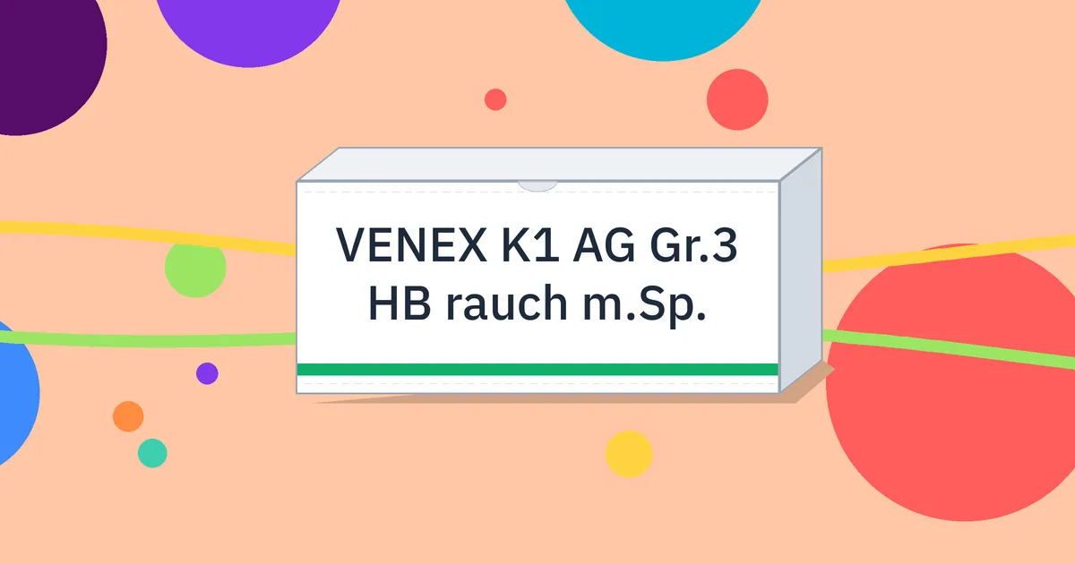 Symbolbild: Packung mit der Aufschrift VENEX K1 AG Gr.3 HB rauch m.Sp. (PZN 03190426) – Verfügbarkeit und Bezug in Apotheken in Frankfurt am Main