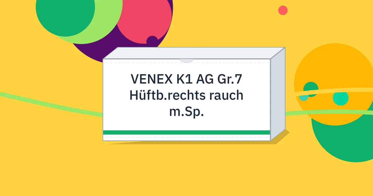 Symbolbild: Packung mit der Aufschrift VENEX K1 AG Gr.7 Hüftb.rechts rauch m.Sp. (PZN 03202218) – Verfügbarkeit und Bezug in Apotheken in Frankfurt am Main
