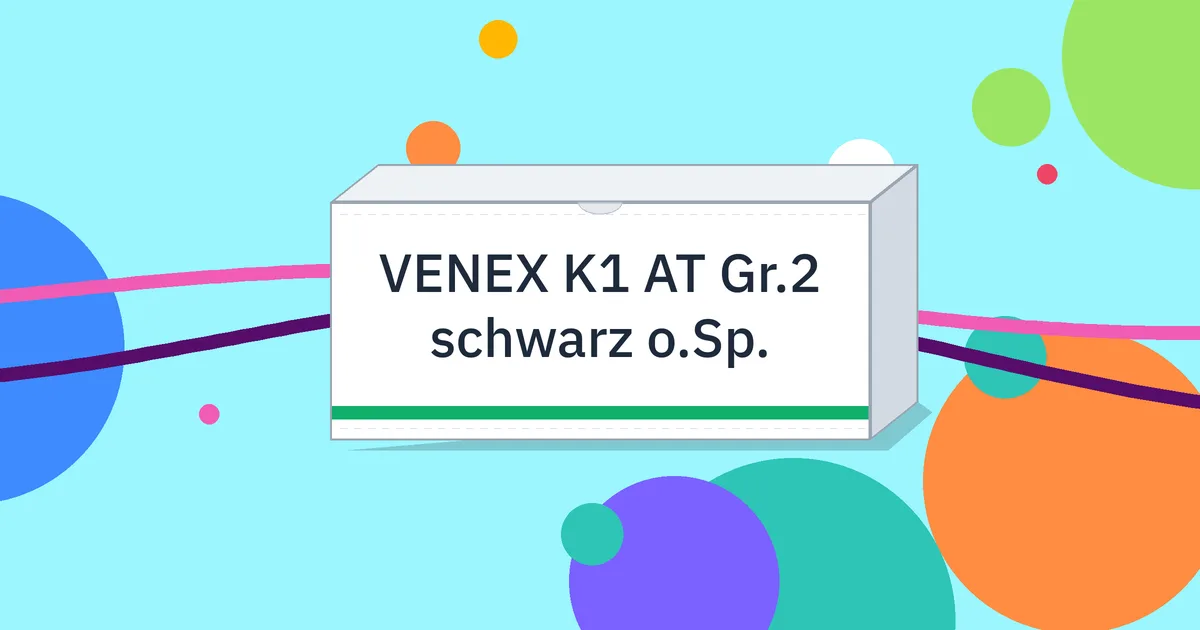 Symbolbild: Packung mit der Aufschrift VENEX K1 AT Gr.2 schwarz o.Sp. (PZN 03198445) – Verfügbarkeit und Bezug in Apotheken in Frankfurt am Main