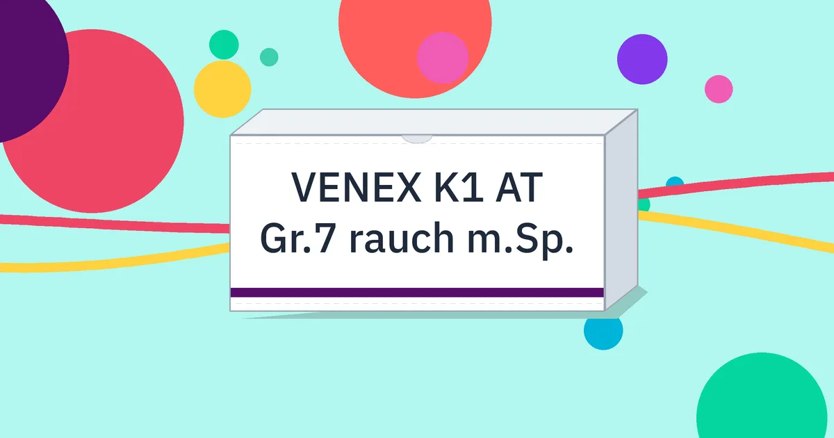 Symbolbild: Packung mit der Aufschrift VENEX K1 AT Gr.7 rauch m.Sp. (PZN 03195085) – Verfügbarkeit und Bezug in Apotheken in Frankfurt am Main