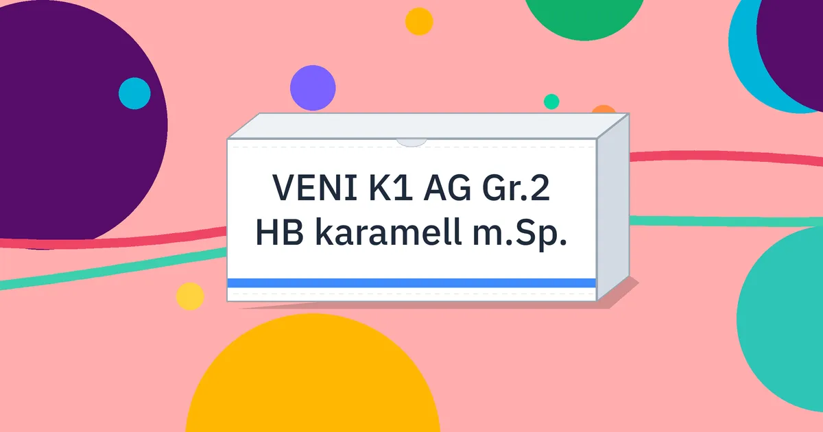 Symbolbild: Packung mit der Aufschrift VENI K1 AG Gr.2 HB karamell m.Sp. (PZN 13756372) – Verfügbarkeit und Bezug in Apotheken in Frankfurt am Main