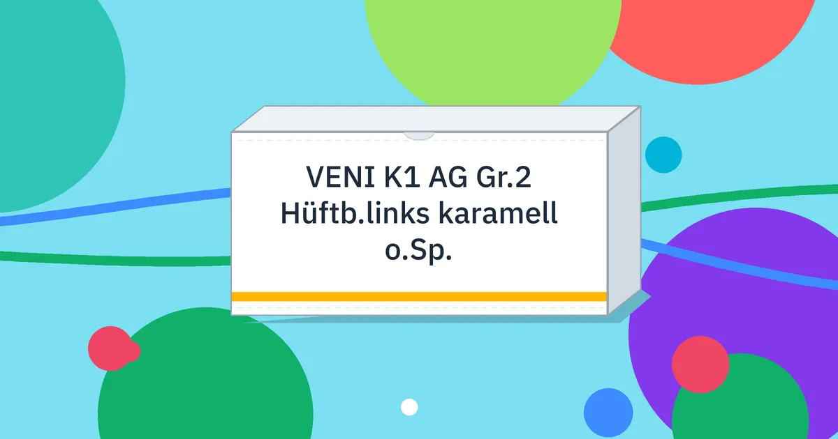 Symbolbild: Packung mit der Aufschrift VENI K1 AG Gr.2 Hüftb.links karamell o.Sp. (PZN 13760238) – Verfügbarkeit und Bezug in Apotheken in Frankfurt am Main