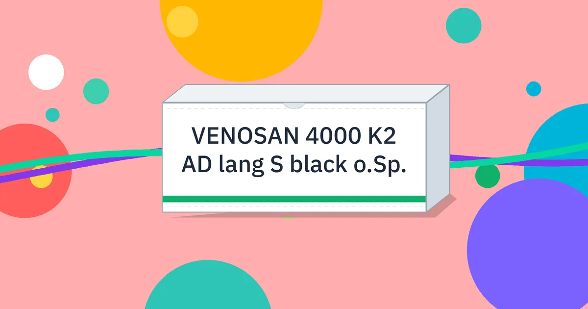 Symbolbild: Packung mit der Aufschrift VENOSAN 4000 K2 AD lang S black o.Sp. (PZN 14427110) – Verfügbarkeit und Bezug in Apotheken in Frankfurt am Main