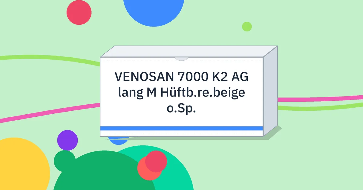 Symbolbild: Packung mit der Aufschrift VENOSAN 7000 K2 AG lang M Hüftb.re.beige o.Sp. (PZN 14434647) – Verfügbarkeit und Bezug in Apotheken in Frankfurt am Main