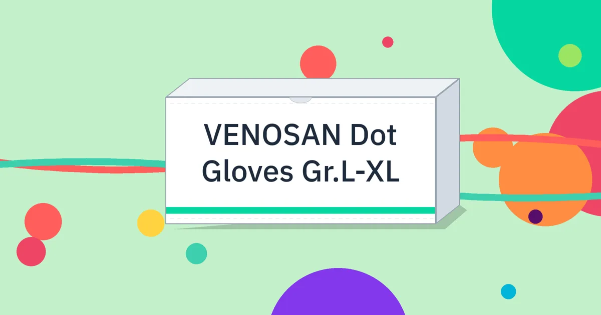 Symbolbild: Packung mit der Aufschrift VENOSAN Dot Gloves Gr.L-XL (PZN 14421076) – Verfügbarkeit und Bezug in Apotheken in Frankfurt am Main