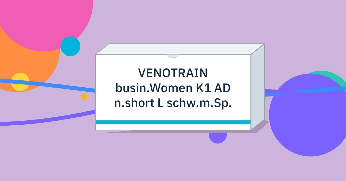 Symbolbild: Packung mit der Aufschrift VENOTRAIN busin.Women K1 AD n.short L schw.m.Sp. (PZN 10195370) – Verfügbarkeit und Bezug in Apotheken in Frankfurt am Main