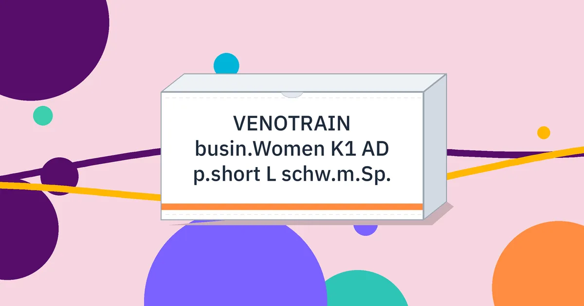 Symbolbild: Packung mit der Aufschrift VENOTRAIN busin.Women K1 AD p.short L schw.m.Sp. (PZN 10195453) – Verfügbarkeit und Bezug in Apotheken in Frankfurt am Main