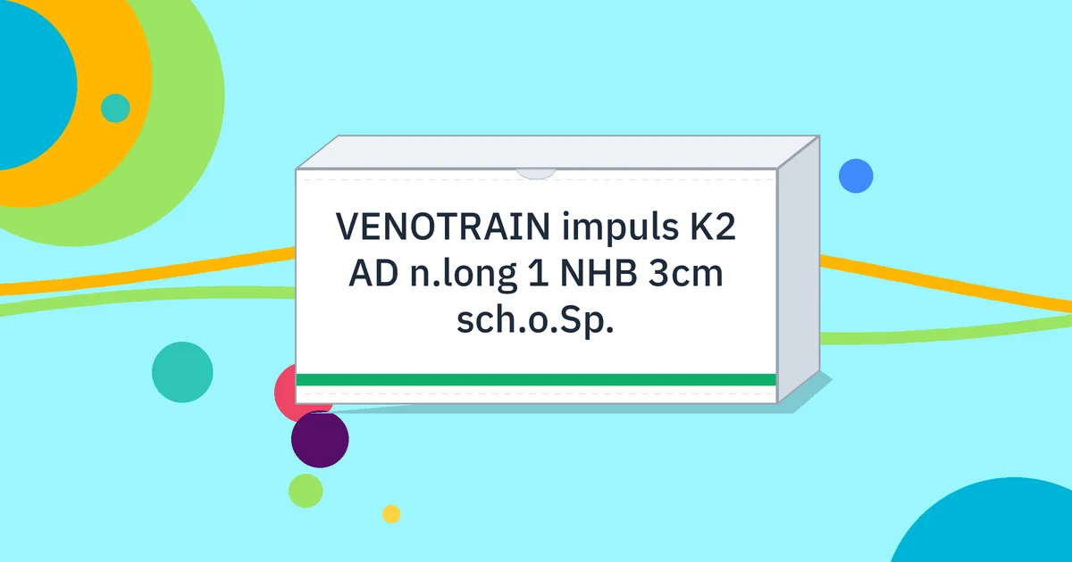 Symbolbild: Packung mit der Aufschrift VENOTRAIN impuls K2 AD n.long 1 NHB 3cm sch.o.Sp. (PZN 00653015) – Verfügbarkeit und Bezug in Apotheken in Frankfurt am Main