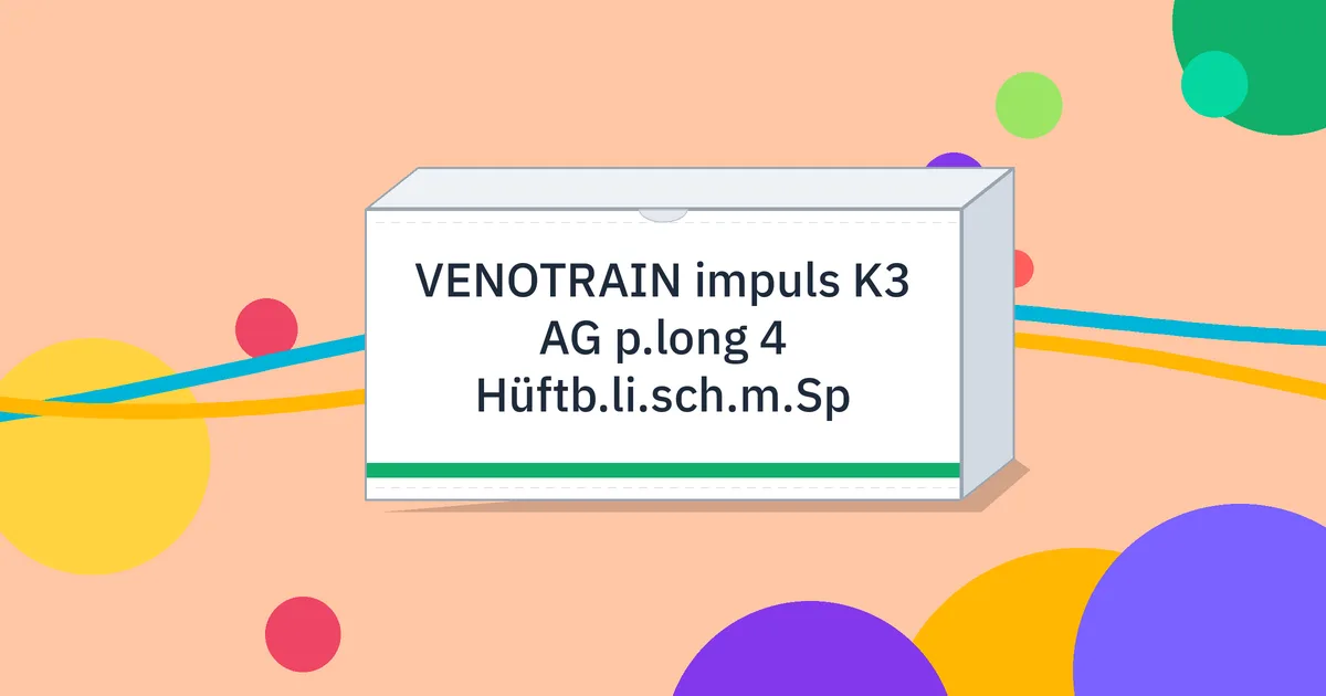 Symbolbild: Packung mit der Aufschrift VENOTRAIN impuls K3 AG p.long 4 Hüftb.li.sch.m.Sp (PZN 10295812) – Verfügbarkeit und Bezug in Apotheken in Frankfurt am Main
