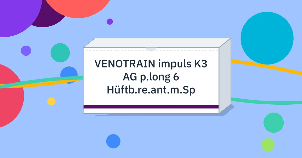 Symbolbild: Packung mit der Aufschrift VENOTRAIN impuls K3 AG p.long 6 Hüftb.re.ant.m.Sp (PZN 15218408) – Verfügbarkeit und Bezug in Apotheken in Frankfurt am Main