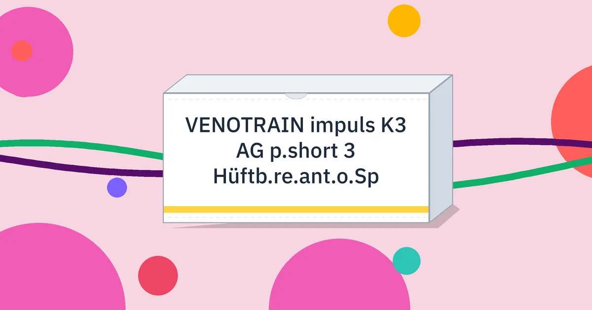 Symbolbild: Packung mit der Aufschrift VENOTRAIN impuls K3 AG p.short 3 Hüftb.re.ant.o.Sp (PZN 15218584) – Verfügbarkeit und Bezug in Apotheken in Frankfurt am Main