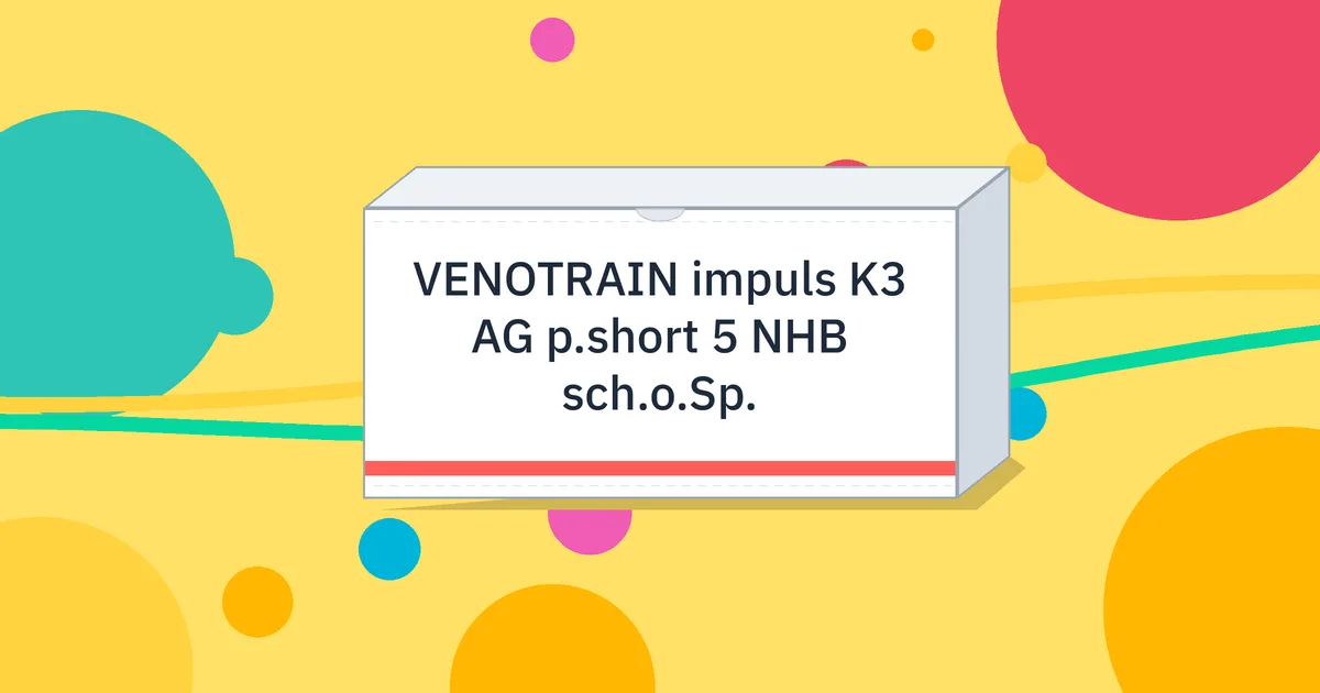 Symbolbild: Packung mit der Aufschrift VENOTRAIN impuls K3 AG p.short 5 NHB sch.o.Sp. (PZN 00542014) – Verfügbarkeit und Bezug in Apotheken in Frankfurt am Main