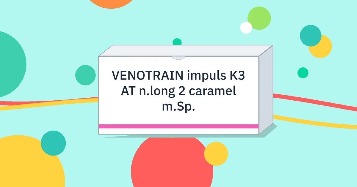 Symbolbild: Packung mit der Aufschrift VENOTRAIN impuls K3 AT n.long 2 caramel m.Sp. (PZN 19354947) – Verfügbarkeit und Bezug in Apotheken in Frankfurt am Main