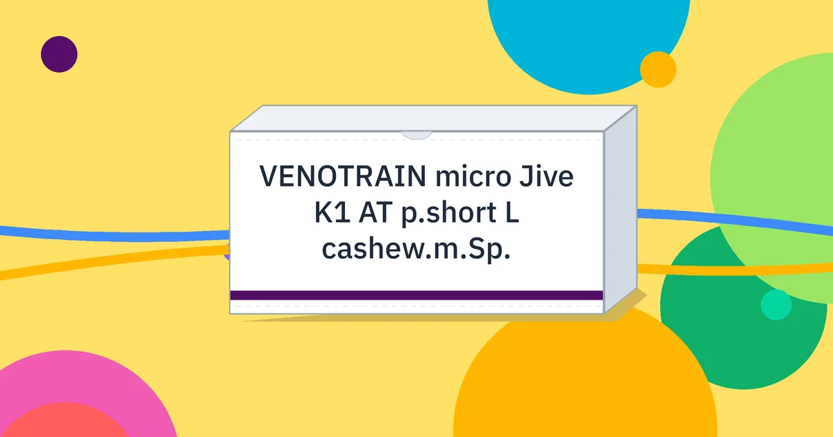 Symbolbild: Packung mit der Aufschrift VENOTRAIN micro Jive K1 AT p.short L cashew.m.Sp. (PZN 20765992) – Verfügbarkeit und Bezug in Apotheken in Frankfurt am Main