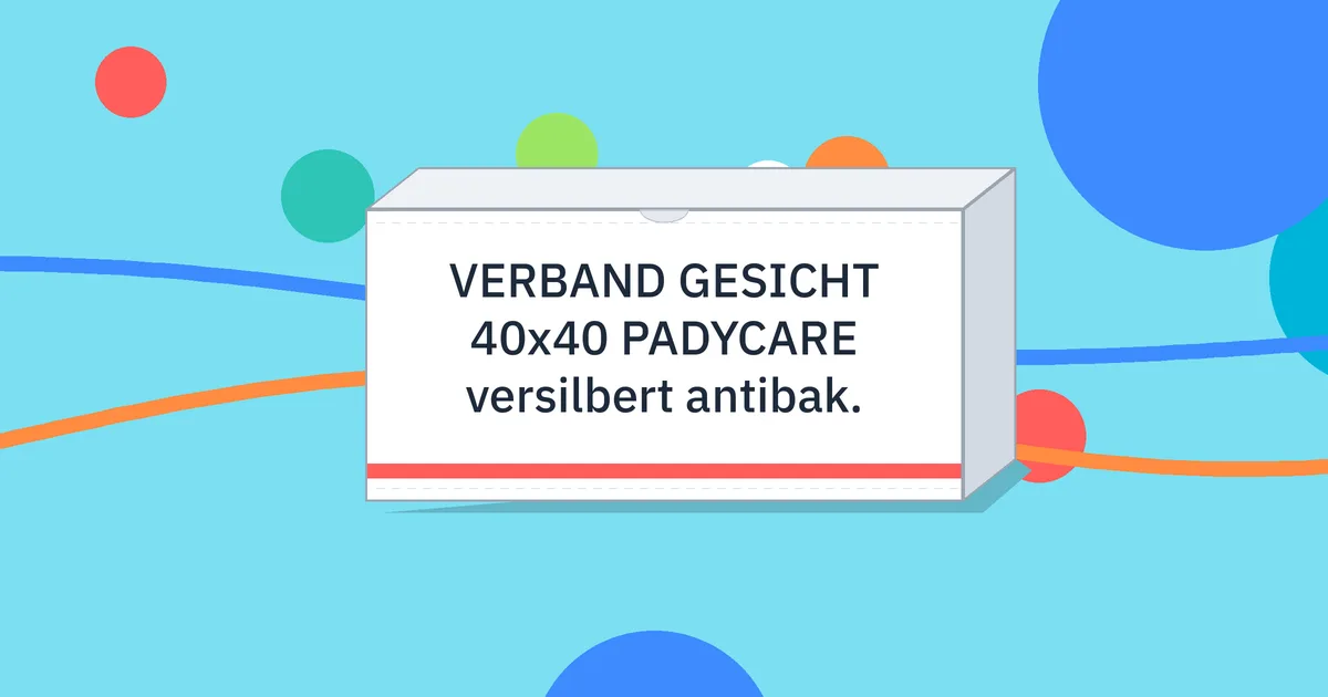 Symbolbild: Packung mit der Aufschrift VERBAND GESICHT 40x40 PADYCARE versilbert antibak. (PZN 10940394) – Verfügbarkeit und Bezug in Apotheken in Frankfurt am Main