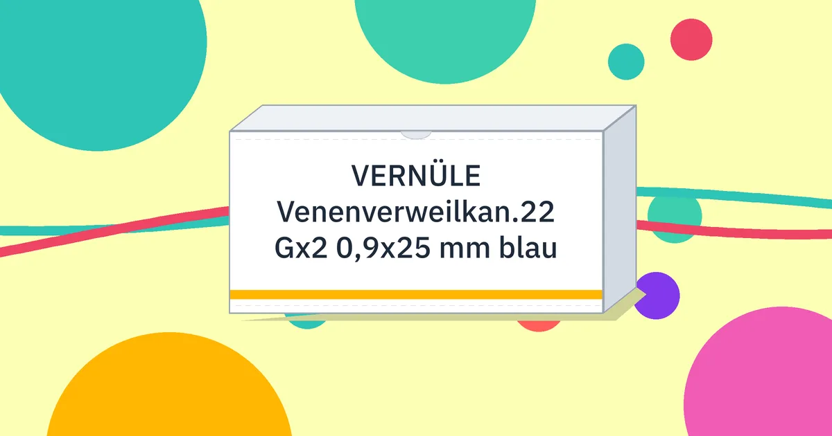 Symbolbild: Packung mit der Aufschrift VERNÜLE Venenverweilkan.22 Gx2 0,9x25 mm blau (PZN 10540246) – Verfügbarkeit und Bezug in Apotheken in Frankfurt am Main