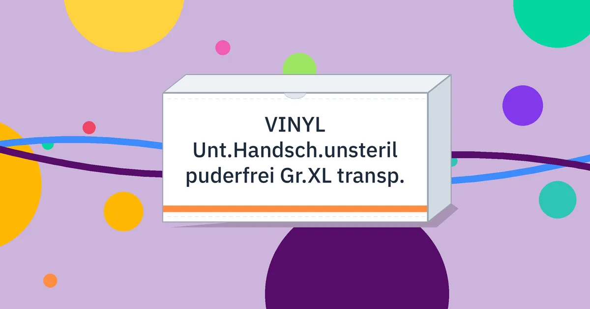 Symbolbild: Packung mit der Aufschrift VINYL Unt.Handsch.unsteril puderfrei Gr.XL transp. (PZN 13351356) – Verfügbarkeit und Bezug in Apotheken in Frankfurt am Main