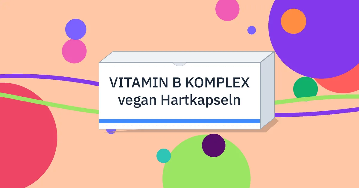 Symbolbild: Packung mit der Aufschrift VITAMIN B KOMPLEX vegan Hartkapseln (PZN 20374760) – Verfügbarkeit und Bezug in Apotheken in Frankfurt am Main