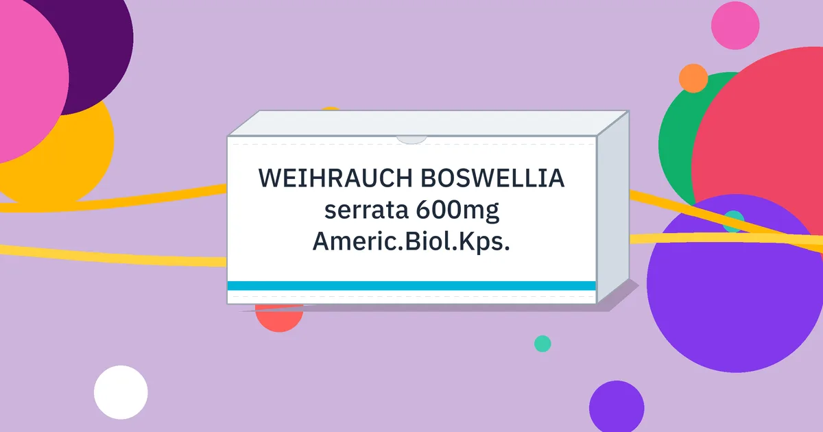 Symbolbild: Packung mit der Aufschrift WEIHRAUCH BOSWELLIA serrata 600mg Americ.Biol.Kps. (PZN 19896507) – Verfügbarkeit und Bezug in Apotheken in Frankfurt am Main