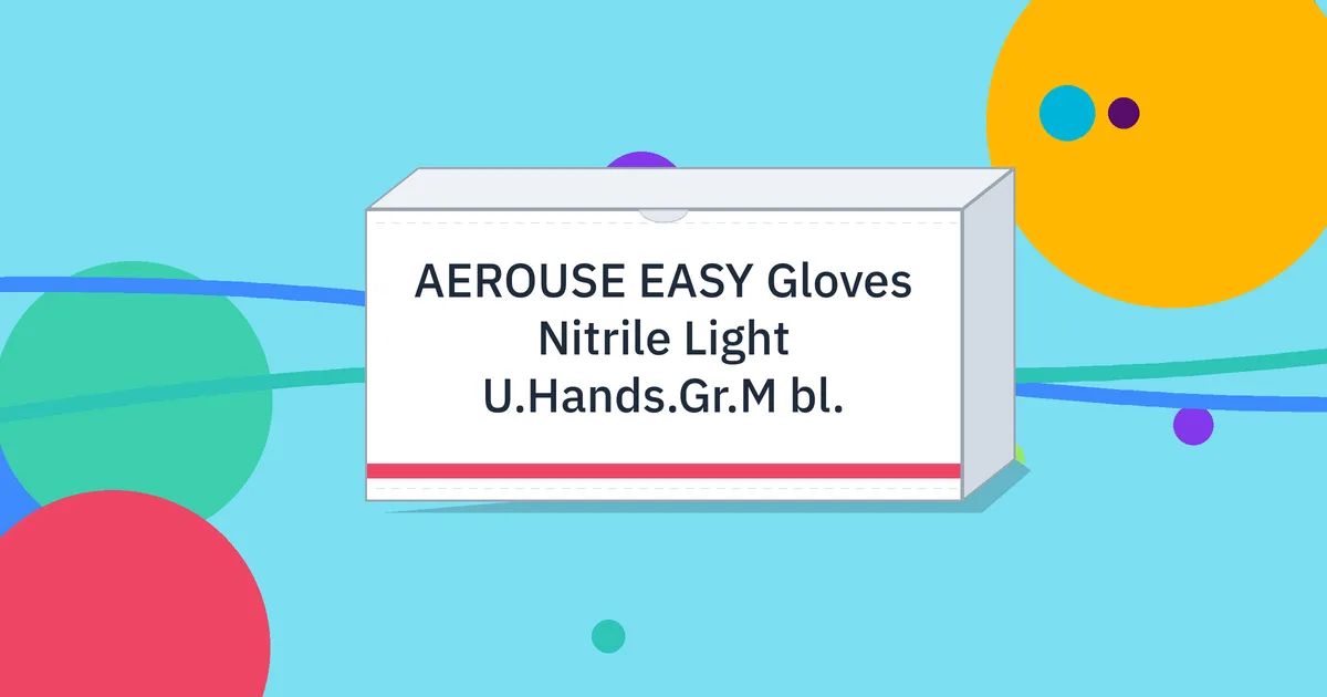 Symbolbild: Packung mit der Aufschrift AEROUSE EASY Gloves Nitrile Light U.Hands.Gr.M bl. (PZN 11090934) – Verfügbarkeit und Bezug in Apotheken in Frankfurt am Main