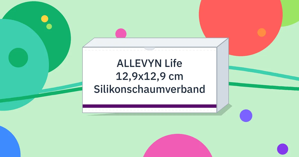 Symbolbild: Packung mit der Aufschrift ALLEVYN Life 12,9x12,9 cm Silikonschaumverband (PZN 11137624) – Verfügbarkeit und Bezug in Apotheken in Frankfurt am Main
