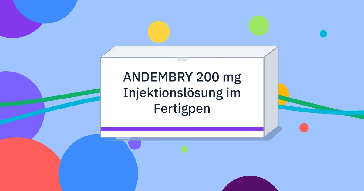Symbolbild: Packung mit der Aufschrift ANDEMBRY 200 mg Injektionslösung im Fertigpen (PZN 19528838) – Verfügbarkeit und Bezug in Apotheken in Frankfurt am Main