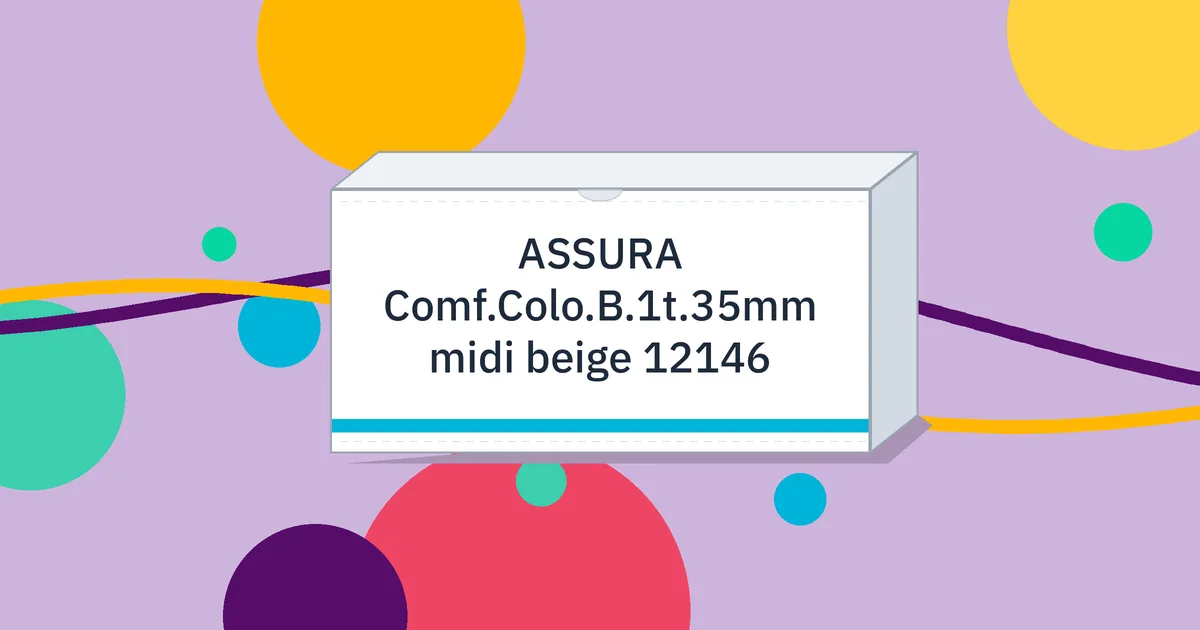 Symbolbild: Packung mit der Aufschrift ASSURA Comf.Colo.B.1t.35mm midi beige 12146 (PZN 08996097) – Verfügbarkeit und Bezug in Apotheken in Frankfurt am Main