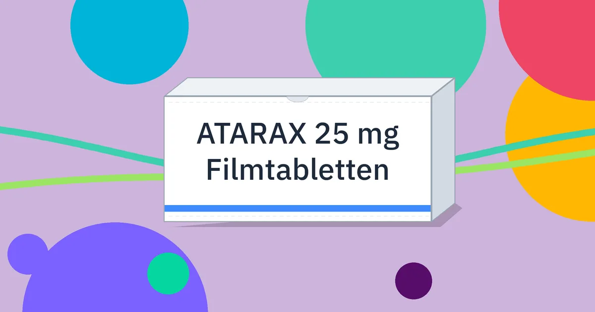 Symbolbild: Packung mit der Aufschrift ATARAX 25 mg Filmtabletten (PZN 01408973) – Verfügbarkeit und Bezug in Apotheken in Frankfurt am Main