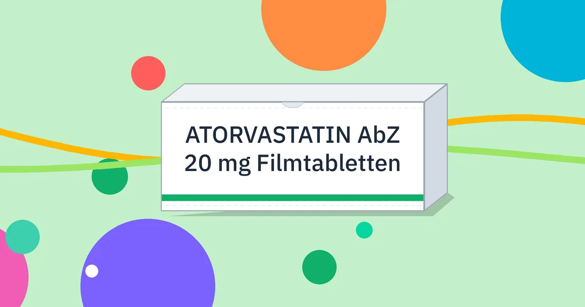 Symbolbild: Packung mit der Aufschrift ATORVASTATIN AbZ 20 mg Filmtabletten (PZN 09374883) – Verfügbarkeit und Bezug in Apotheken in Frankfurt am Main