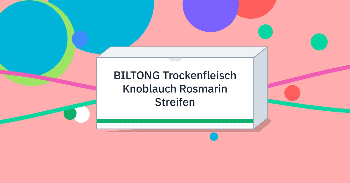 Symbolbild: Packung mit der Aufschrift BILTONG Trockenfleisch Knoblauch Rosmarin Streifen (PZN 19662488) – Verfügbarkeit und Bezug in Apotheken in Frankfurt am Main