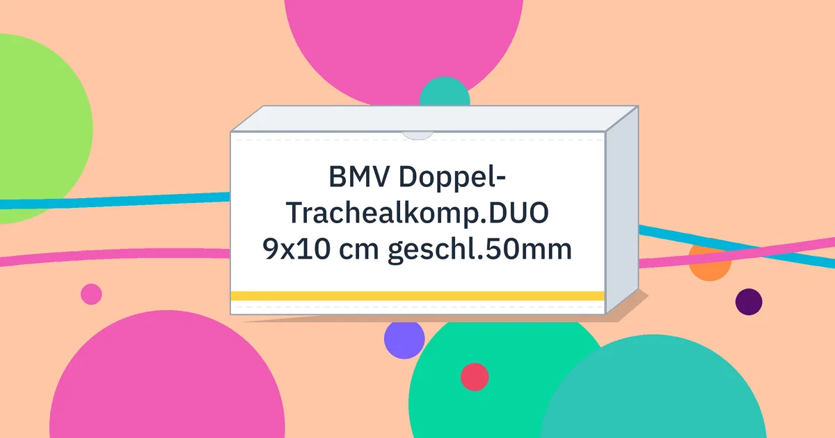 Symbolbild: Packung mit der Aufschrift BMV Doppel-Trachealkomp.DUO 9x10 cm geschl.50mm (PZN 18155772) – Verfügbarkeit und Bezug in Apotheken in Frankfurt am Main