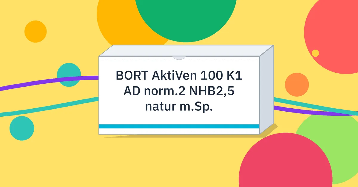 Symbolbild: Packung mit der Aufschrift BORT AktiVen 100 K1 AD norm.2 NHB2,5 natur m.Sp. (PZN 17498398) – Verfügbarkeit und Bezug in Apotheken in Frankfurt am Main