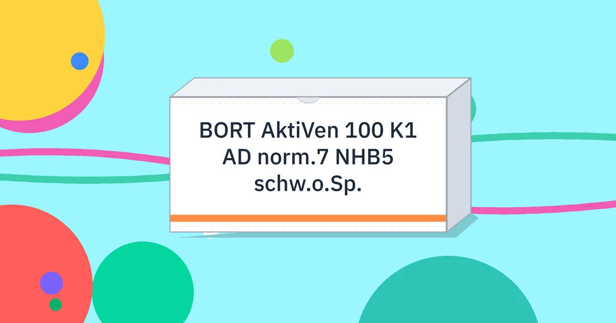 Symbolbild: Packung mit der Aufschrift BORT AktiVen 100 K1 AD norm.7 NHB5 schw.o.Sp. (PZN 17497252) – Verfügbarkeit und Bezug in Apotheken in Frankfurt am Main