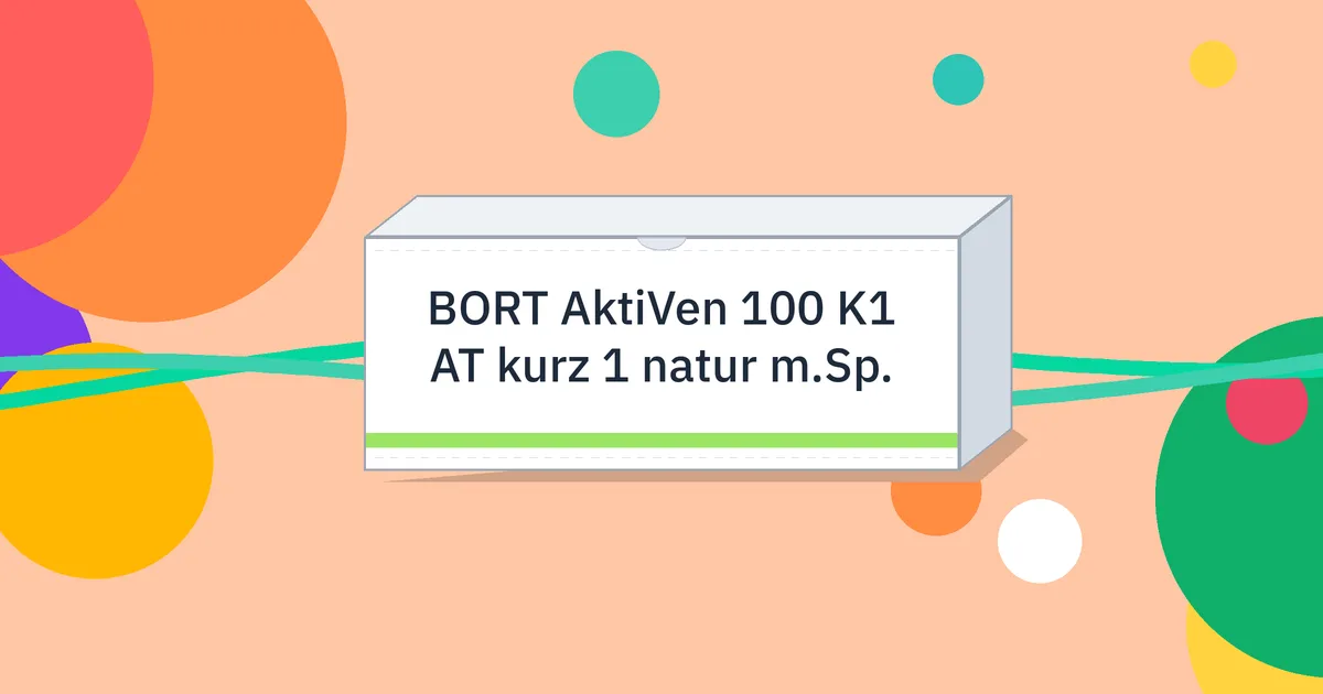 Symbolbild: Packung mit der Aufschrift BORT AktiVen 100 K1 AT kurz 1 natur m.Sp. (PZN 13736464) – Verfügbarkeit und Bezug in Apotheken in Frankfurt am Main