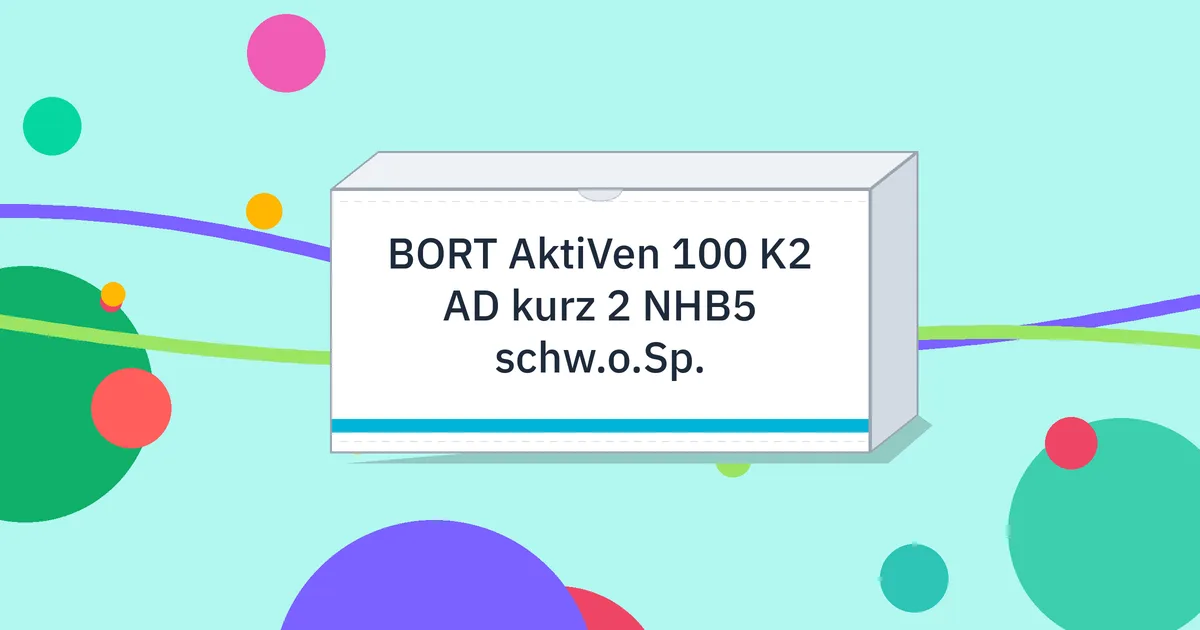 Symbolbild: Packung mit der Aufschrift BORT AktiVen 100 K2 AD kurz 2 NHB5 schw.o.Sp. (PZN 17496927) – Verfügbarkeit und Bezug in Apotheken in Frankfurt am Main