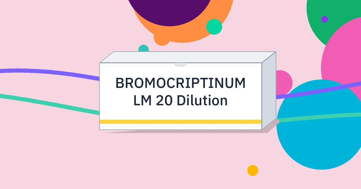 Symbolbild: Packung mit der Aufschrift BROMOCRIPTINUM LM 20 Dilution (PZN 13396761) – Verfügbarkeit und Bezug in Apotheken in Frankfurt am Main